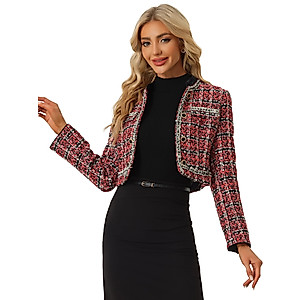 Allegra K Tweed Jacket for Women's Christmas Open Front Office Elegant Crop Blazer Large Red