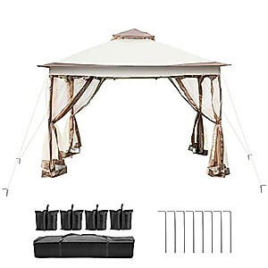 Happybuy Outdoor Canopy Gazebo Tent, Portable Canopy Shelter with 12'x12' Large Shade Tents for Parties, Backyard, Patio Lawn and Garden, 4 Sandbags, Carrying Bag and Netting Included, Brown