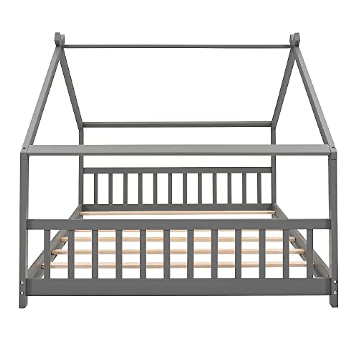 P PURLOVE Full Size House Bed for Kids, Teens,Wood Platform Bed with Headboard and Footboard,Toddlers House Floor Bed with Roof and Slat, No Box Spring Need,Espresso Bed Frame,Gray Bed Frame