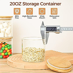 ComSaf 20 oz Glass Food Storage Jars Set of 6, Clear Storage Containers with Airtight Bamboo Lid, Pantry Organization Jar, Spice, Blooming Tea, Coffee and Sugar Container, Canister Set for Kitchen