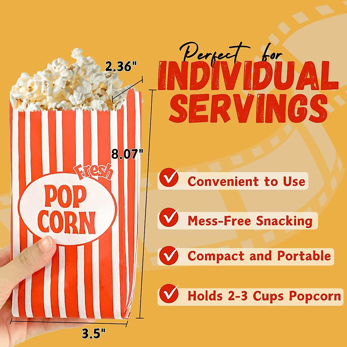 EBEGEE Popcorn Bags, Greaseproof Popcorn Bags Individual Servings, 100 Pcs Convenient Portions Movie Night Supplies, Versatile Popcorn Containers, Ideal for Parties and Events