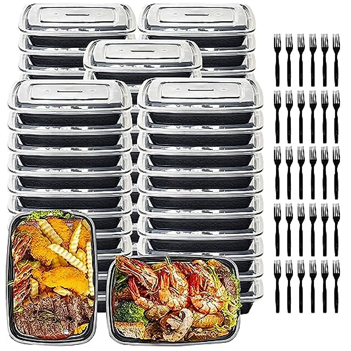 KIKitchen 50Pack 34oz Meal Prep Container with Lids and 30Pcs Forks, Black Plastic Containers, Reusable Storage Lunch Boxes, Portable Bento Box, Plastic Microwavable Food Containers