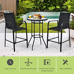 Tangkula 3 Pieces Outdoor Patio Bar Set, Outdoor Bistro Set with 2 Bar Stools and 1 Tempered Glass Bar Table, Bar Height Patio Table and Stools Set for Backyard, Garden, Lawn (Black)