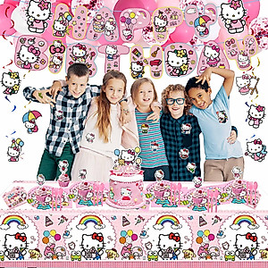 Kawaii Birthday Party Supplies, Kawaii Birthday Party Decorations Set Include Banner, Tattoos Invitation Cards, Hanging Swirls, Stickers, Tableware, Cake Toppers, Balloons, Kawaii Cute Party Favors