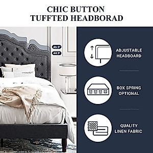 Allewie Queen Bed Frame with Adjustable Tiara Headboard, Fabric Upholstered Diamond Button Tufted Platform Bed, Wood Slats Support, No Box Spring Needed, Mattress Foundation, Easy Assembly, Dark Grey