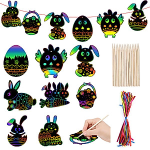 KMUYSL Easter Crafts Kit for Kids- 64Pcs Scratch Art Rainbow Scratch Paper - 8 Shapes Hanging Ornaments Tags Easter Toy for Boys and Girls + 32 Wooden Styluses