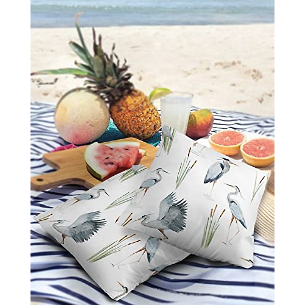 Vandarllin Outdoor Throw Pillows Covers 16X16 Set of 2 Waterproof Heron Wildlife Decorative Zippered Lumbar Cushion Covers for Patio Furniture, Birds in The Water Reeds
