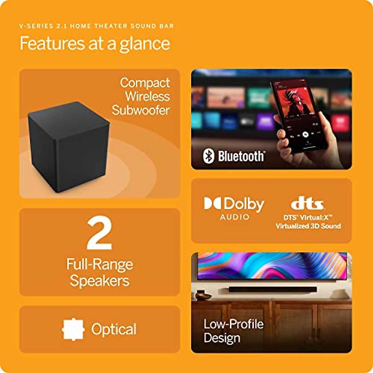 VIZIO V-Series 2.1 Home Theater Sound Bar with DTS Virtual:X, Wireless Subwoofer and Alexa Compatibility, V214x-K6, 2023 Model