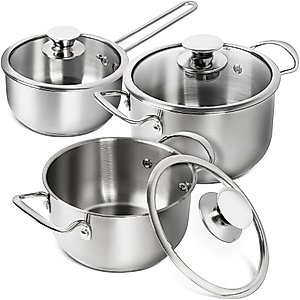 Michelangelo Stainless Steel Pot Set, 6 Piece Small Sauce Pot, 1.5qt & 2.5qt & 3.5qt Saucepan with Lids, Works with Induction, Electric and Gas Cooktops, Oven Safe