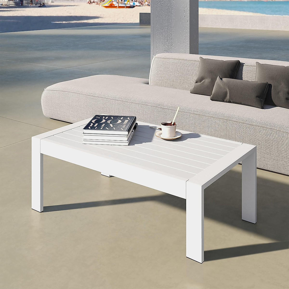 All-Weather Aluminum Outdoor Coffee Table, Modern Coffee Table for Outside, Rectangle Patio Coffee Table for Balcony Garden, Light Grey