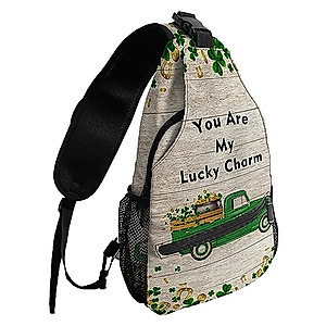 Sling Backpack, St. Patrick's Day YOU ARE MY KUCKY CHARM Shamrock Dwarfs Wood Grain Waterproof Lightweight Small Sling Bag, Travel Chest Bag Crossbody Shoulder Bag Hiking Daypack for Women Men