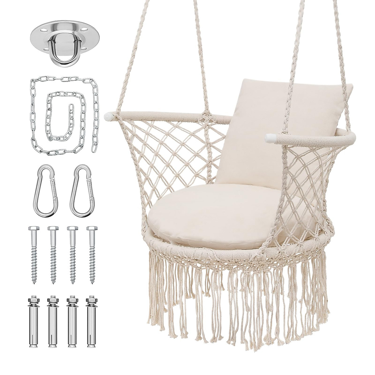 SFIHOME Boho Style Macrame Hanging Swing Chair for Adults, Hammock Swing Chair for Indoor and Outdoor Use, Max 350 Lbs, Beige, SFA75-HC001WHWH