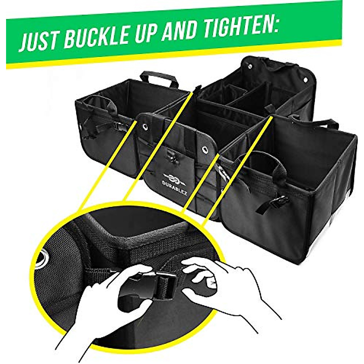 DURABLEZ 4 Compartment Separable Collapsible Car Trunk Storage Organizer for SUV Minivan Truck Sedan - XXL, Black