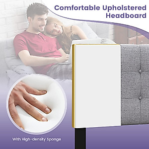 KOMFOTT Linen Upholstered Headboard for Full & Queen Size Bed Frame, Modern Tufted Button Bed Headboard with Solid Rubber Wood Legs, Rectangular Headboard with Adjustable Width, Gray