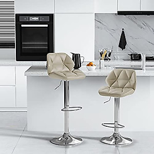 Cozy Castle Bar Stool Set of 2, Swivel Counter Stool, Vintage Adjustable Barstool, Diamond Padded Faux Leather Bar Chair, 24 to 32 Inch Height, Light Tan
