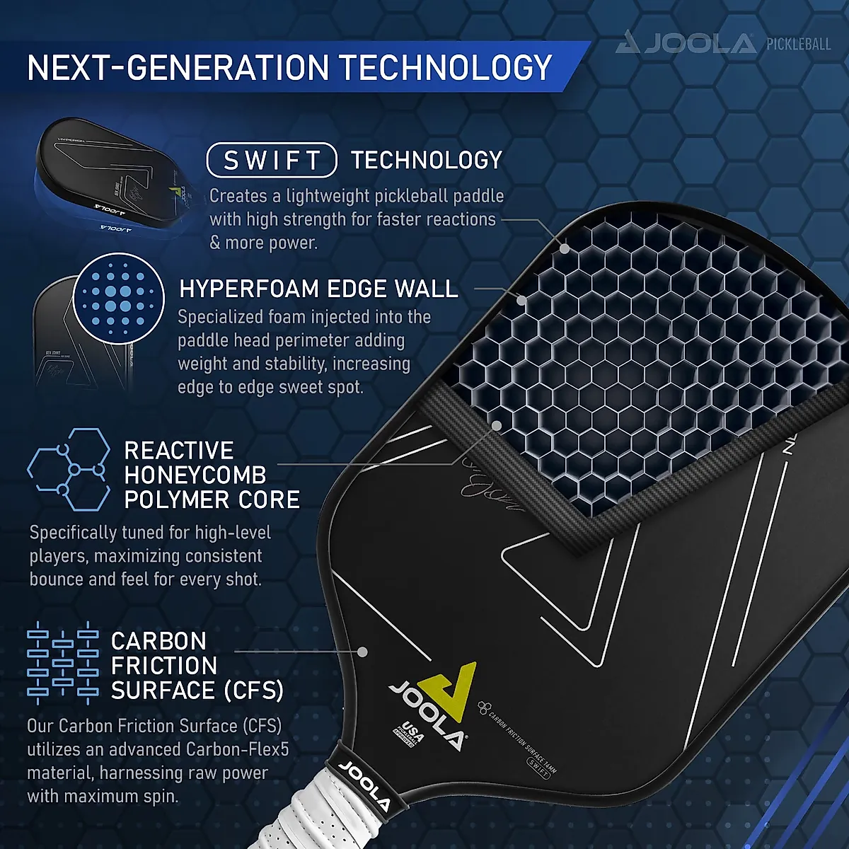 JOOLA Ben Johns Hyperion CFS 14mm Swift Pickleball Paddle - USAPA Approved for Tournament Play - Carbon Fiber Pickle Ball Racket - Maximum Speed with High Grit & Spin