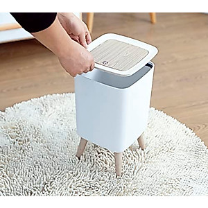Small Trash Can with Lid, Boho Plastic Garbage Can with Push Button, Waste Basket with 5 Rolls Garbage Bags, Slim Dog Proof Bedroom Garbage Bin, Bathroom Trash Can for Home, Living Room, Office