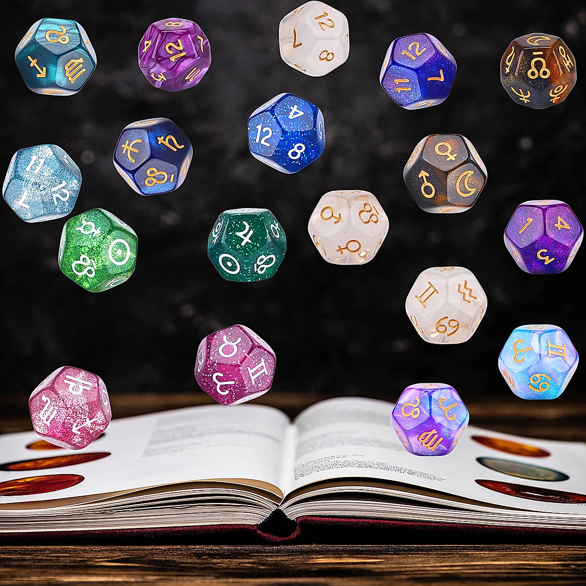 Amiven 6 Sets Astrology Dice, Signs Planets Numbers 12-Sided Dice Divination Tool