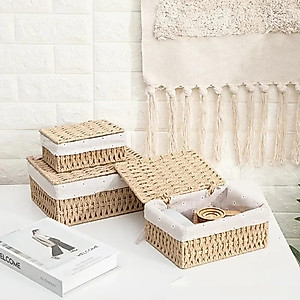 VTOBON Small Wicker Basket with Lid, 3-Pack Toilet Paper Storage Baskets with Removable Liner Tampon Holder for Bathroom Makeup Drawer Desk Closet Organizer Storage, Natural