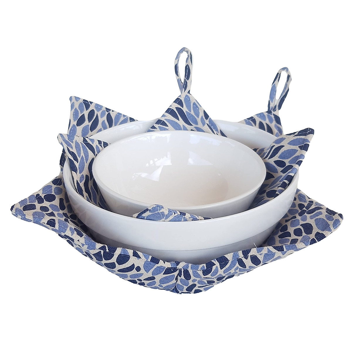 CUSHYSTORE 2 Bowl Cozies Cotton Holders Heat and Cold Resistant Anti-Scalding Protector 8.5" Large 7.5" Small - Navy Leave