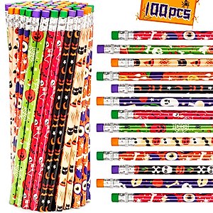 100 Pcs Halloween Pencil Assortment with Eraser, Colorful Wood Pencils in Halloween Design, Halloween Party Favors for Kids, Trick or Treat, Halloween Goodies Bags Filler, Game Prizes Classroom Reward