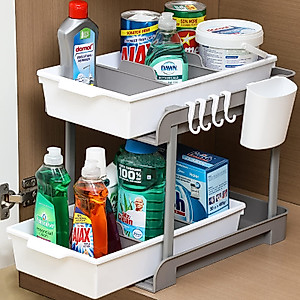 2 Tier Slide Out Under Sink Organizers and Storage with Removable Dividers - Undersink Cabinet Drawers for Bathroom, Kithcen Cleaning and Organization - Multiuse Home Pull Out Organizing Tray, 1 Set