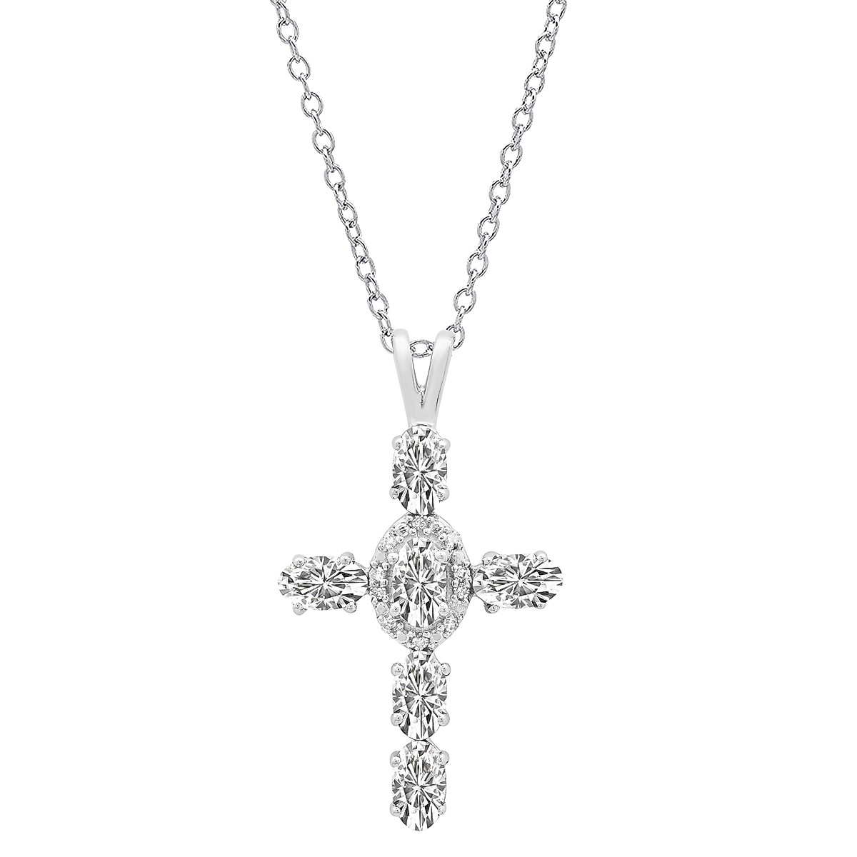 Dazzlingrock Collection 5X3mm Oval Lab Created White Sapphire & Round Natural White Diamond Cross Pendant with 18 Inch Gold Chain for Women in 10K White Gold
