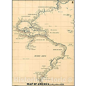 Historic 1529 Wall Map - Map of America by Diego Ribero 1529. 32in x 44in