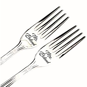 Personalized Reusable Silverware Sets for Bride and Groom, Engraved Mr and Mrs Forks for Wedding Cake Ceremony, Engagement Bridal Shower Anniversary Birthday Congratulations Gifts