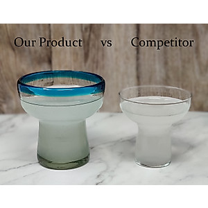 Dos Sueños Mexican Hand Blown Glass – Set of 4 Hand Blown Stemless Aqua Rim Margarita Glasses (14oz)