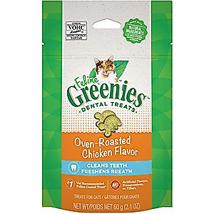 Greenies (4 Pack) Feline Dental Cat Treat Variety Bundle 4 Flavors - 2.1oz Each Bag, (1) Tempting Tuna, (1) Savory Salmon, (1) Oven Roasted Chicken, and (1) Catnip Flavor 10ct Pet Wipes