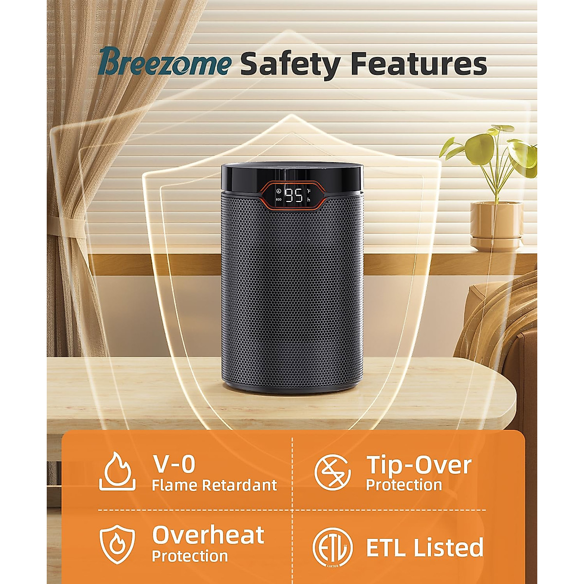 BREEZOME Space Heater, Portable Electric Heaters for Indoor Use with Thermostat & 24H Timer, 1500W PTC Ceramic Quiet Fast Heating Desk Heater, Safety Room Heater for Home Bedroom Office