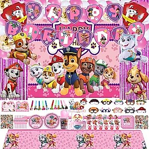402PCS Paw Dog Birthday Decorations Party Supplies Serves 20 Guests Include Cake Toppers,Balloons,Banners,Plates,Cupcake Toppers,Movie Theme Birthday Party Supplies for Kids Boys Girls