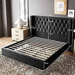 Jocisland King Bed Frame Upholstered Bed Wingback Headboard Velvet Tufted Diamond Button/No Box Spring Needed/Easy Assembly/Black