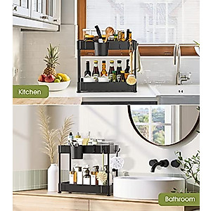 2 Pack Under Sink Organizer, 2 Tier Under Sink Organizers and Storage Bathroom Organizer Countertop, Under Sink Storage Under Cabinet Organizer for Bathroom Kitchen Countertop and Cabinet