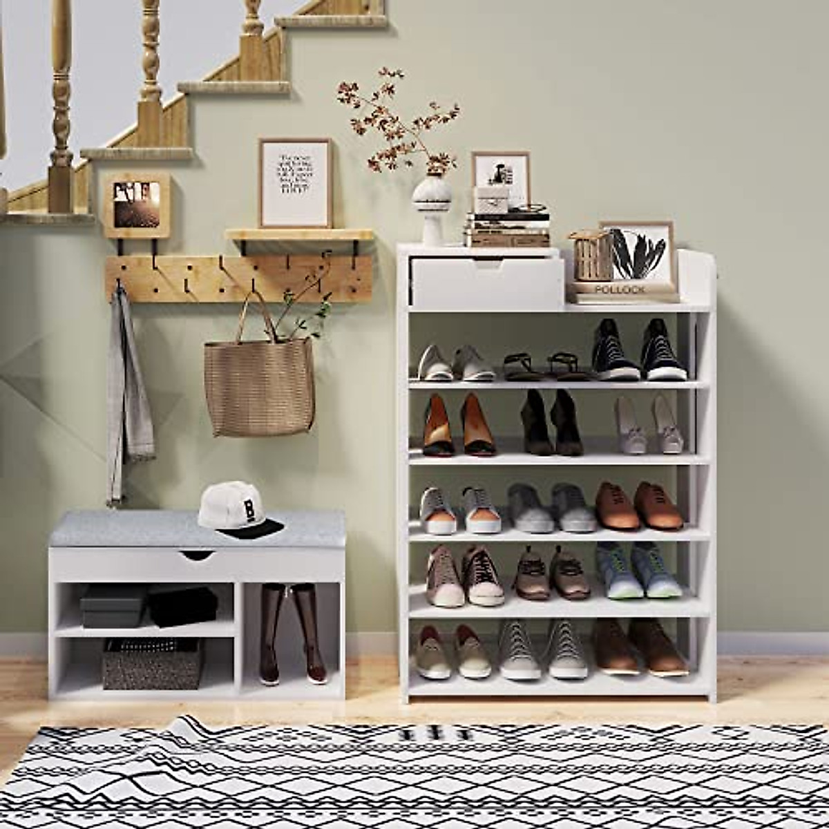 Waktavel 5 Tiers Vertical Shoe Rack with Hook, Wooden Shoe Rack Organizer with Open Top Free Standing Shoe Storage Stand for Entryway Hallway