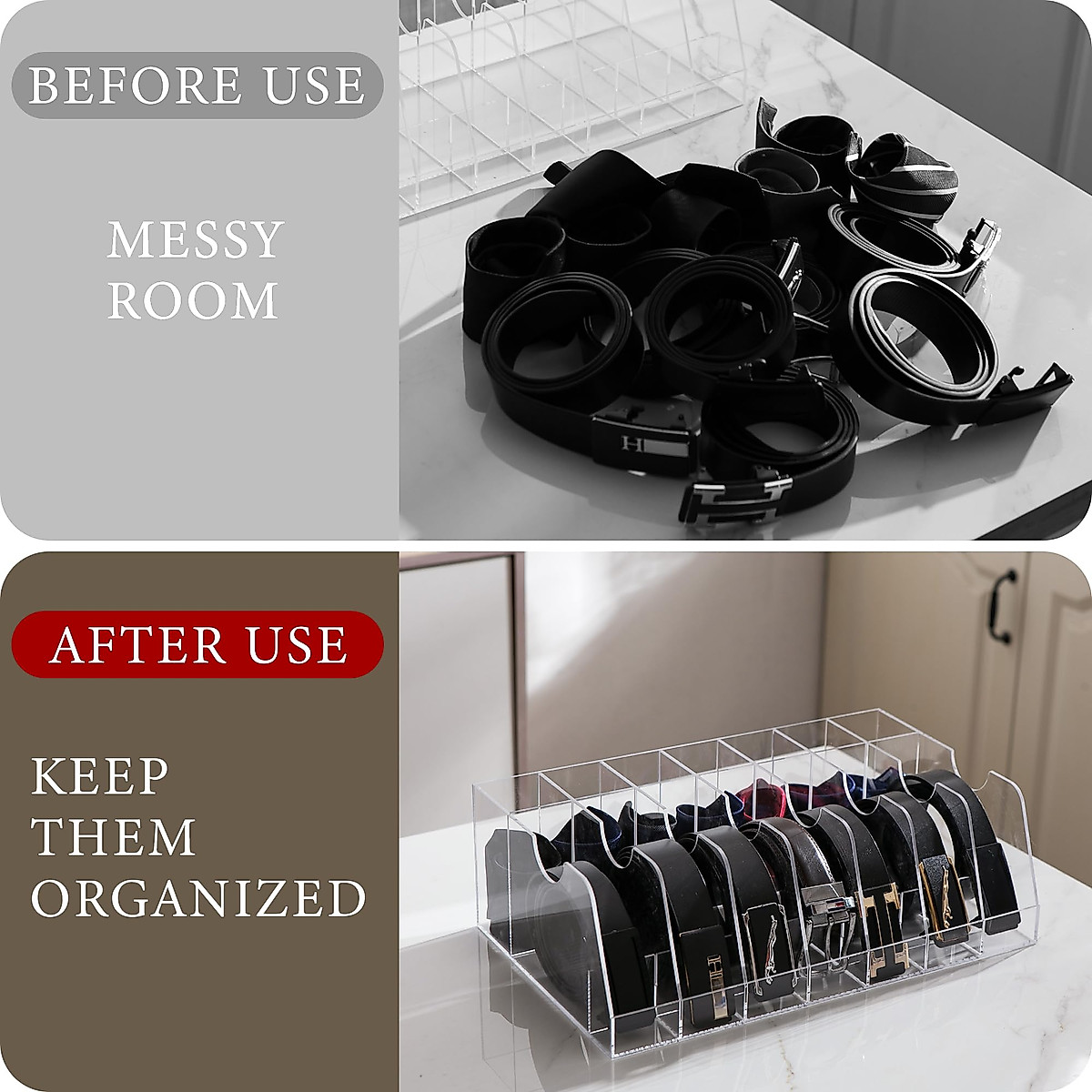 HeiMma Acrylic Belt Organizer for Drawer, Belt and Tie Storage Holder for Closet Neck Tie Box Organizer, 14 Compartment, Large Size