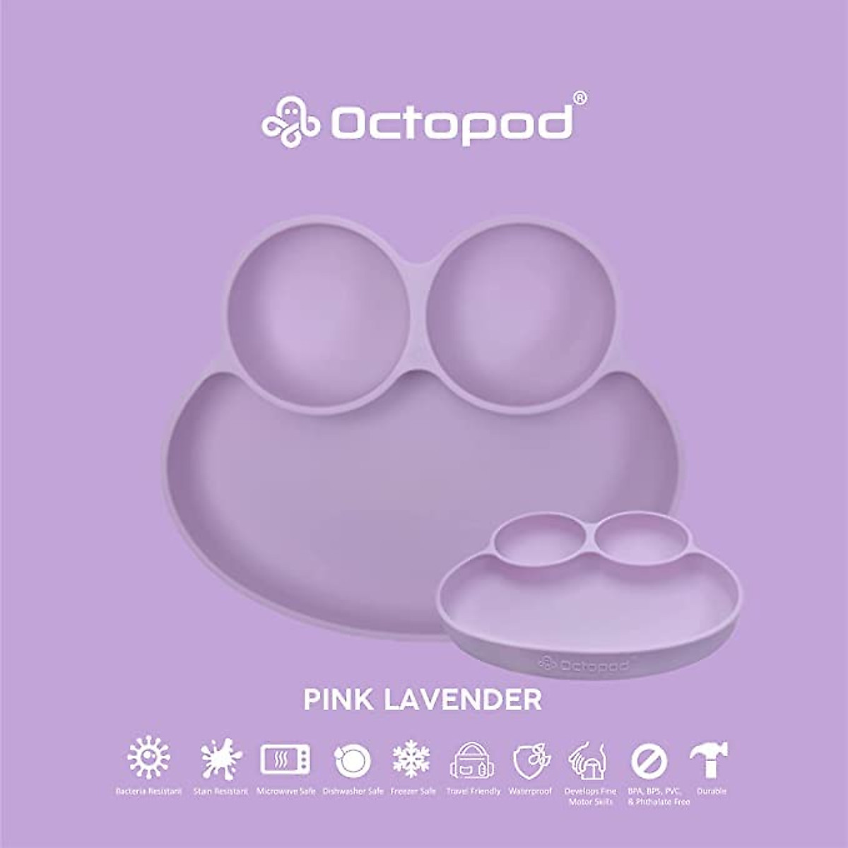 Abiie Octopod Frog Silicone Plates with Suction - Spill Proof, Easy to Clean - BPA-Free Bowl - Suction Plates for Baby and Toddler - Training & Feeding Divided Grip Dish (Pink Lavender)