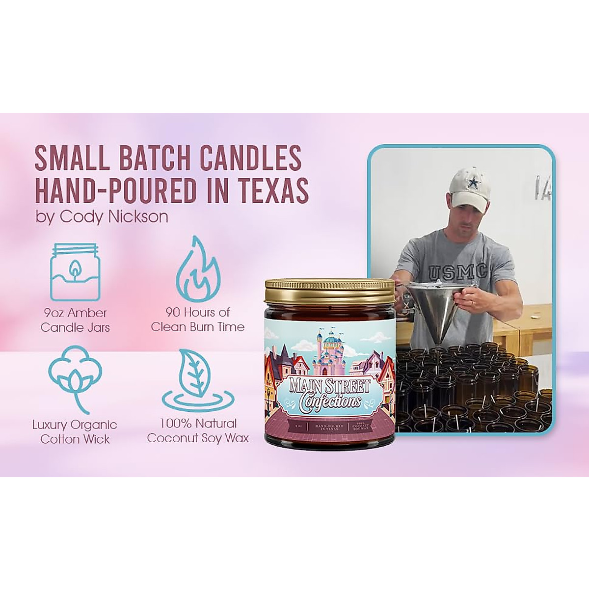 Fantaswick's Main Street Confections Candle | 100% Natural Coconut Soy Wax & Cotton Wick in Amber Candle Jar | Hand-Poured in Texas | 9oz