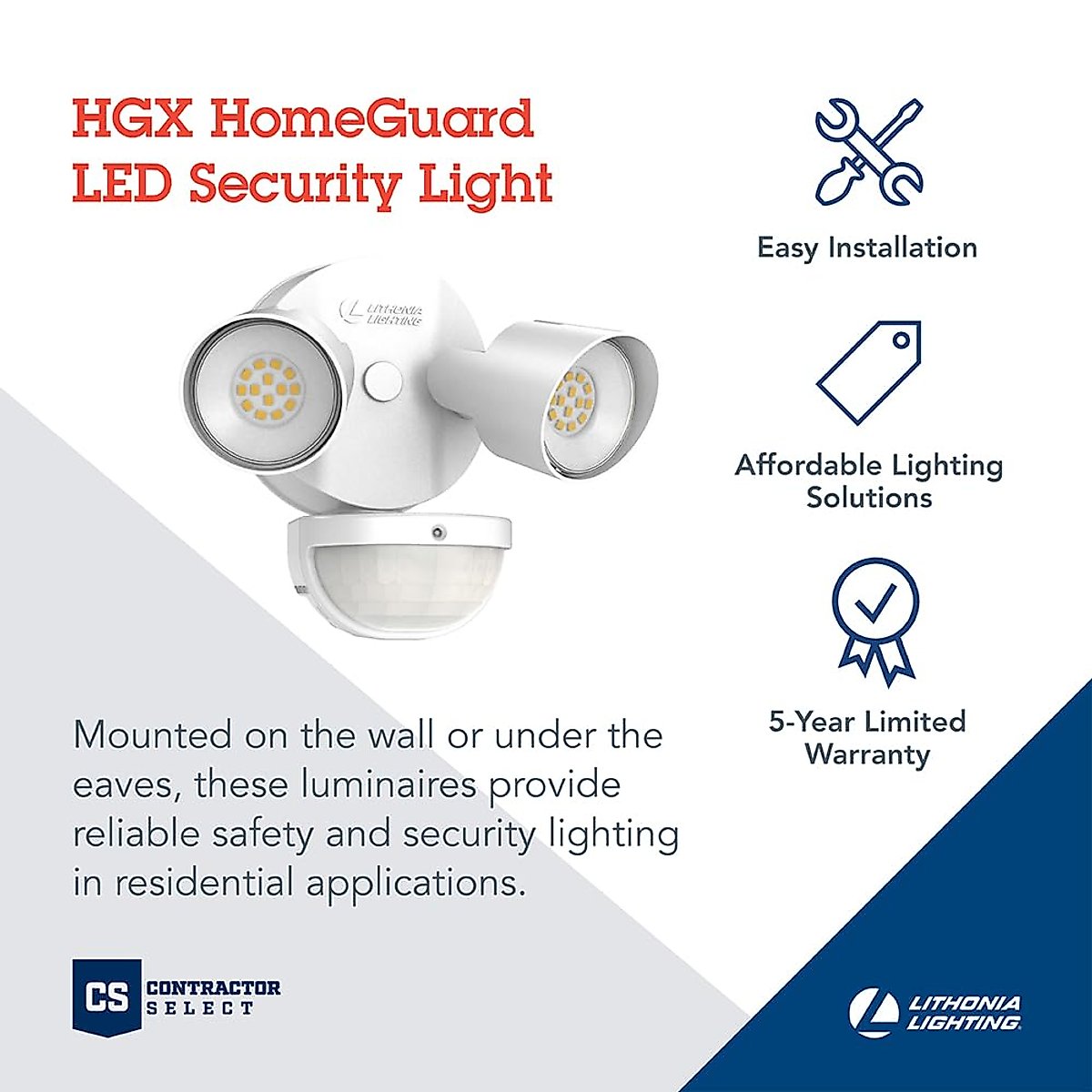 Lithonia Lighting HGX LED 2RH 40K 120 MO WH M2 HomeGuard Security Flood Lights, 4000 Lumens, 2-Light, Photocell Sensor and Motion Detection, White