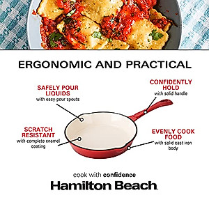 Hamilton Beach Enameled Cast Iron Fry Pan 8-Inch Red, Cream Enamel coating, Skillet Pan For Stove top and Oven, Even Heat Distribution, Safe Up to 400 Degrees, Smooth and Durable