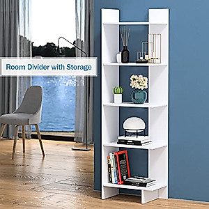 Tangkula 5-Shelf Bookcase, Room Divider and Display Shelf, Freestanding Decorative Storage Shelving, Wooden Bookshelf for Home Living Room Office Bedroom, Room Divider Bookshelf (White, 1)