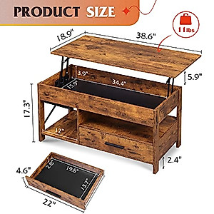 WLIVE Lift Top Coffee Table for Living Room,Coffee Table with Storage,Hidden Compartment and Metal Frame, Central Table for Reception Room,Rustic Brown