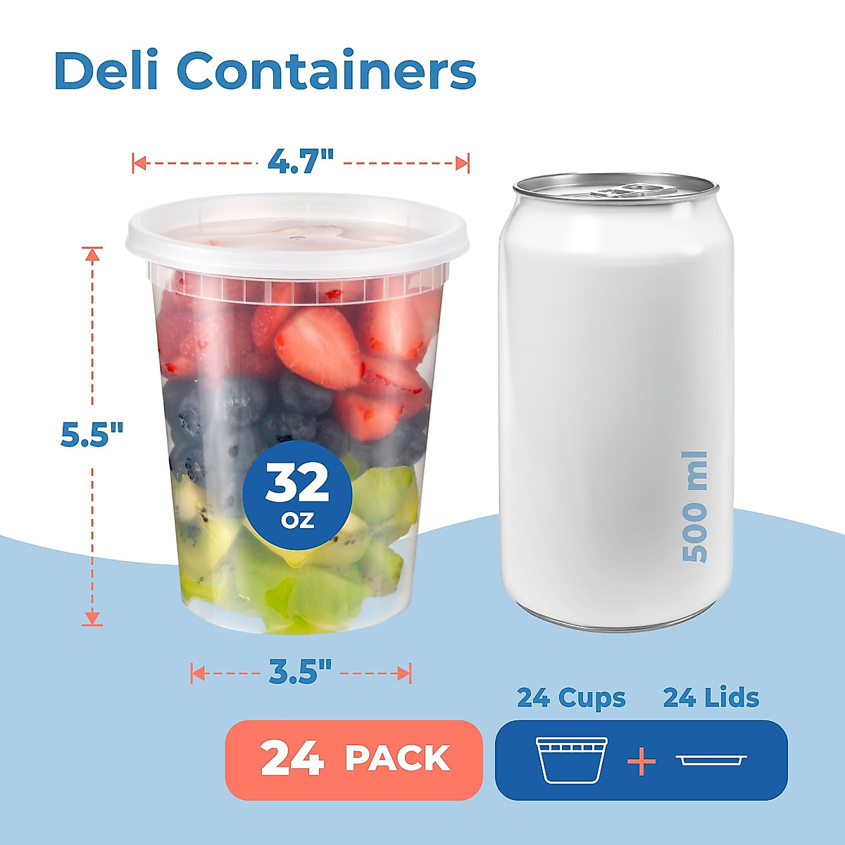 [24 Pack] Food Storage Containers with Lids, Round Plastic Deli Cups, US Made, 32 oz, Quart Size, Leak Proof, Airtight, Microwave & Dishwasher Safe, Stackable, Reusable, White