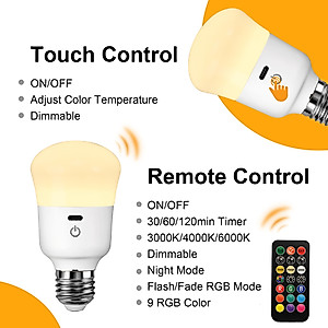 KARTOOSH Rechargeable Light Bulb, with Remote Control, 50W Equivalent, Battery Operated LED Bulbs, Backup Emergency Light for Home or Outdoor, 3 Color Temperature, Dim & RGB, Timer, E26 Base, 2 Pack