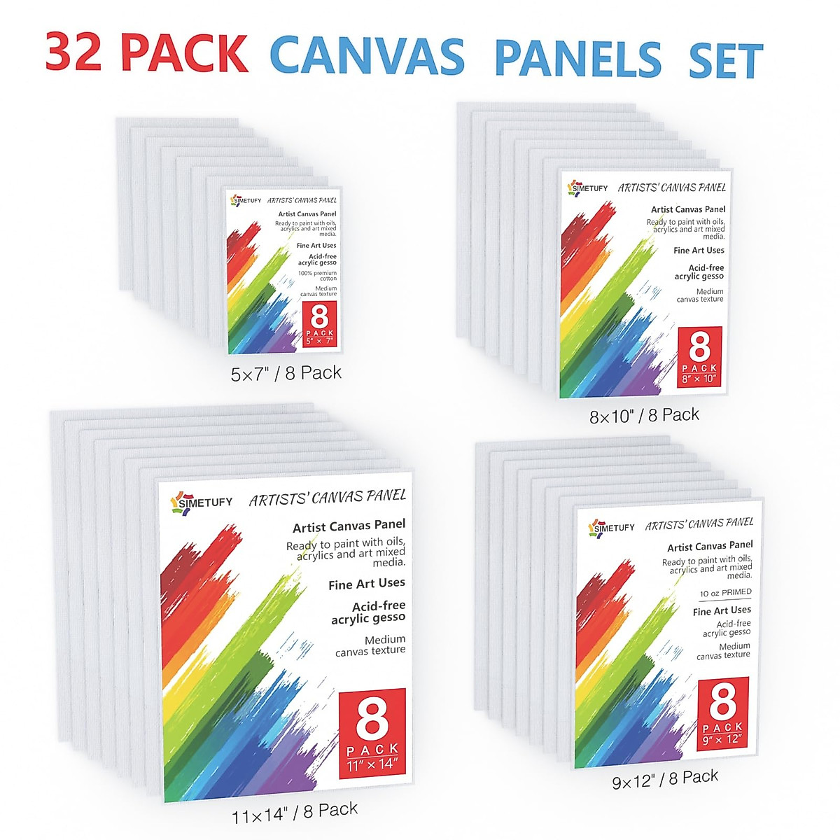 Simetufy Canvas Boards for Painting 32 Pack, Paint Canvas Panels Set - 5x7, 8x10, 9x12, 11x14 Inches, Pre-Primed 100% Cotton Blank Canvases for Oil Acrylic Watercolor Pouring Paint for Kids & Artists