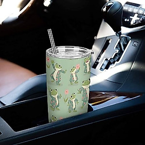 KIOWEIR Cute Frog And Flower Stainless Steel Tumbler 20oz With Lid And Straw, Insulated Tumblers Coffee Cup, Travel Mug for Ice Drink & Hot Beverage for Women Men Boys Girls