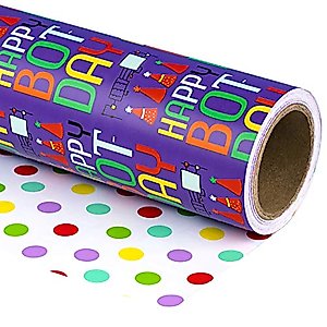 WRAPAHOLIC Reversible Wrapping Paper - 24 inch X 65.6 feet Jumbo Roll Colorful Happy Bot Day Lettering Design, Perfect for Birthday, Party, Holiday, Baby Shower Packing