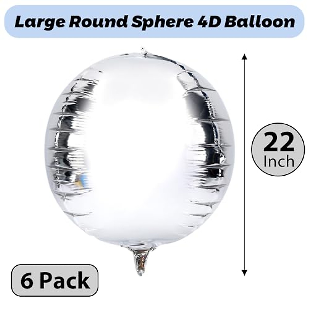 RUBFAC Silver Balloons 22 Inch, 6pcs 4D Round 360 Silver Chrome Balloon Silver Foil Balloon for Bachelorette Party Decorations, Silver Metallic Balloons for Baby Shower, Birthday and More