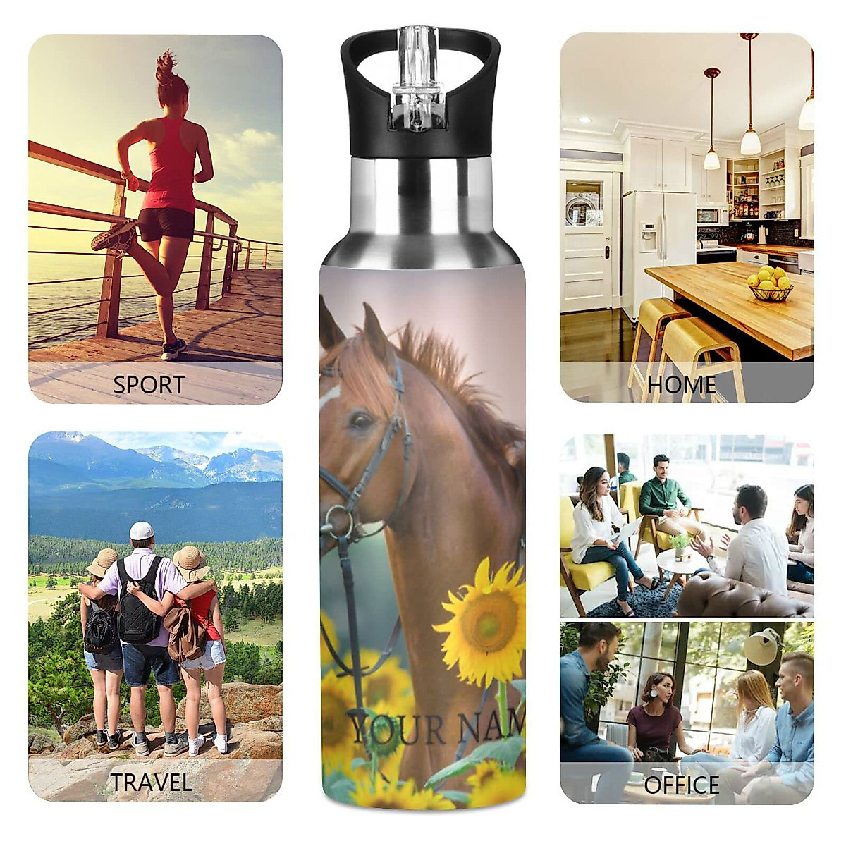 ALAZA Custom Sunflower Horse Water Bottle with Name for Kids Girls with Straw Personalized Insulated Stainless Steel Water Flask Thermos for School Sport 20 Ounce